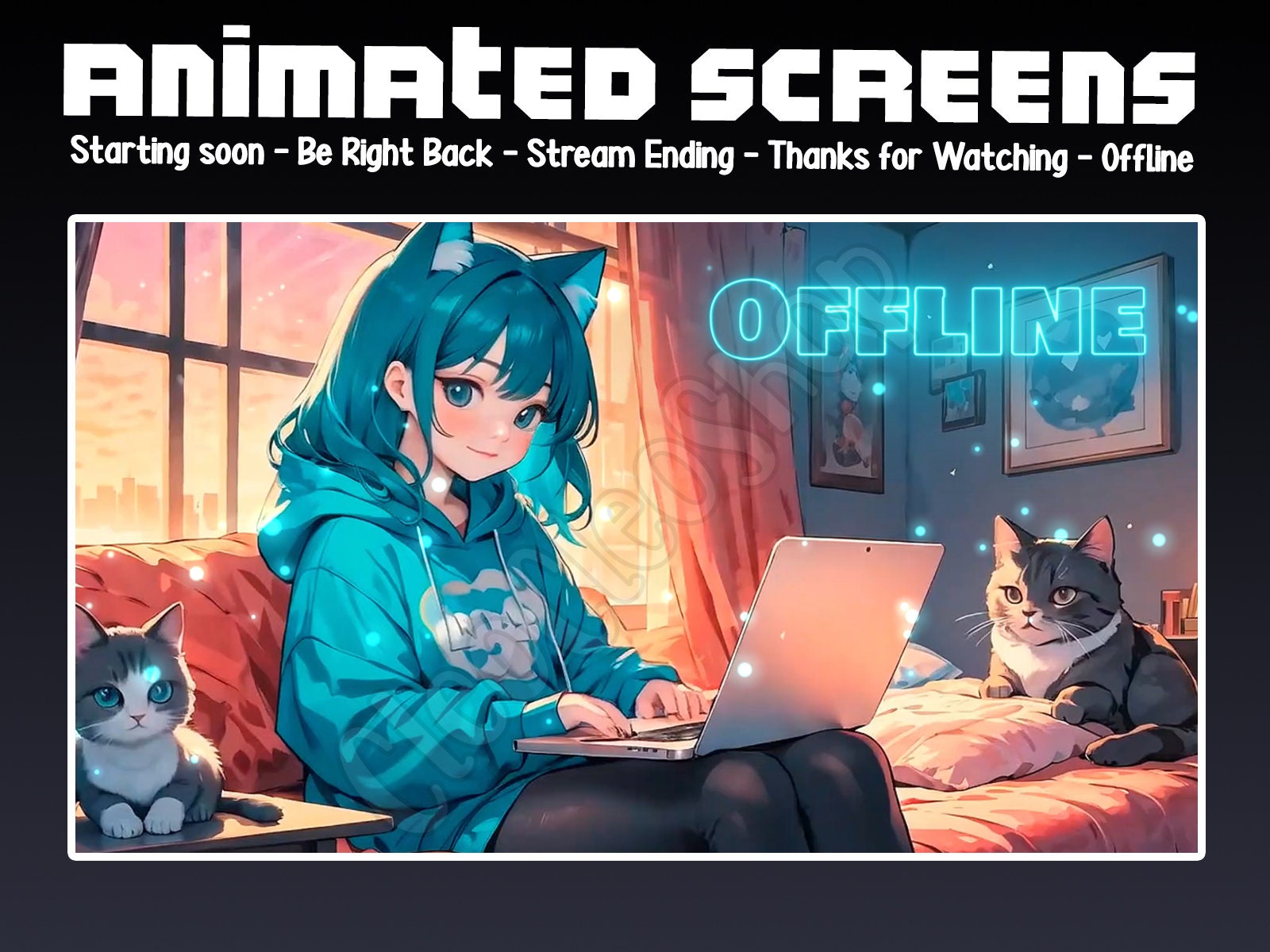 Cute Cat Ears Girl - Teal Hair Girl Animated Twitch Overlay Stream ...