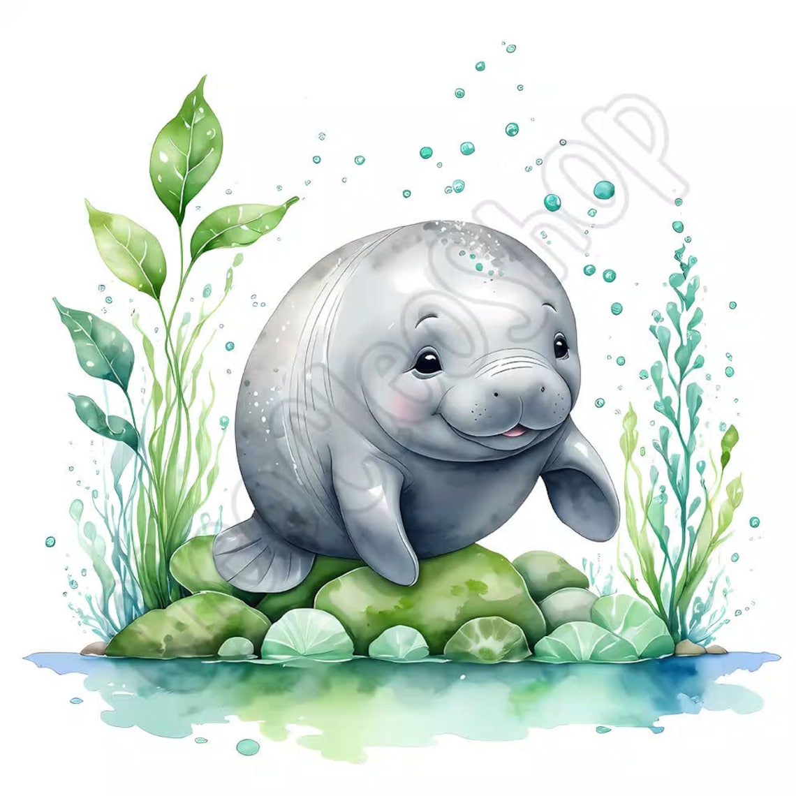Watercolor Cute Manatee Clipart Bundle, 18 High-quality Pngs, Wall Art ...