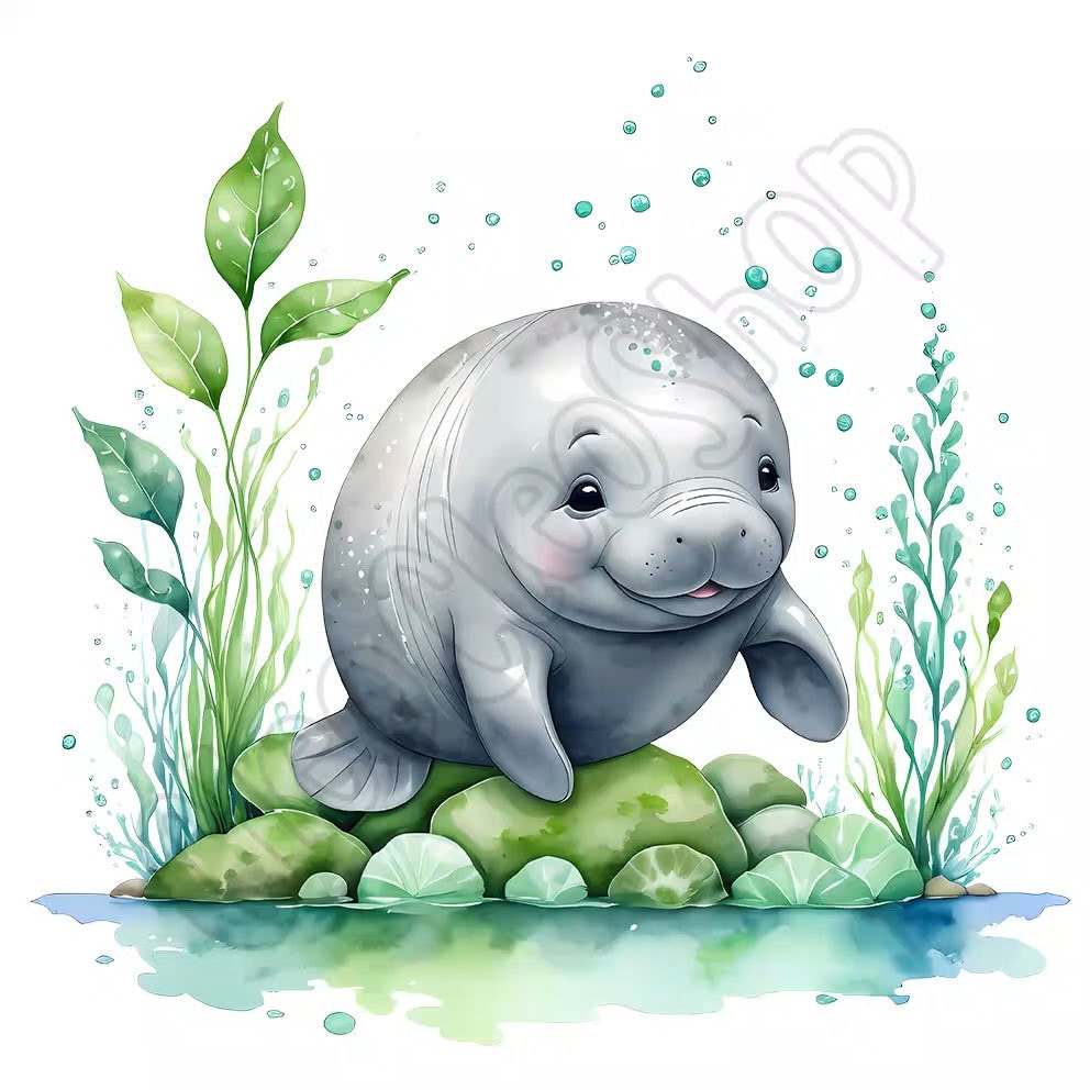 Watercolor Cute Manatee Clipart Bundle, 18 High-quality Pngs, Wall Art ...