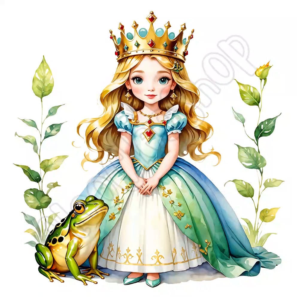 Watercolor Cute Princess and the Frog - Clipart Bundle, 14 High-quality ...