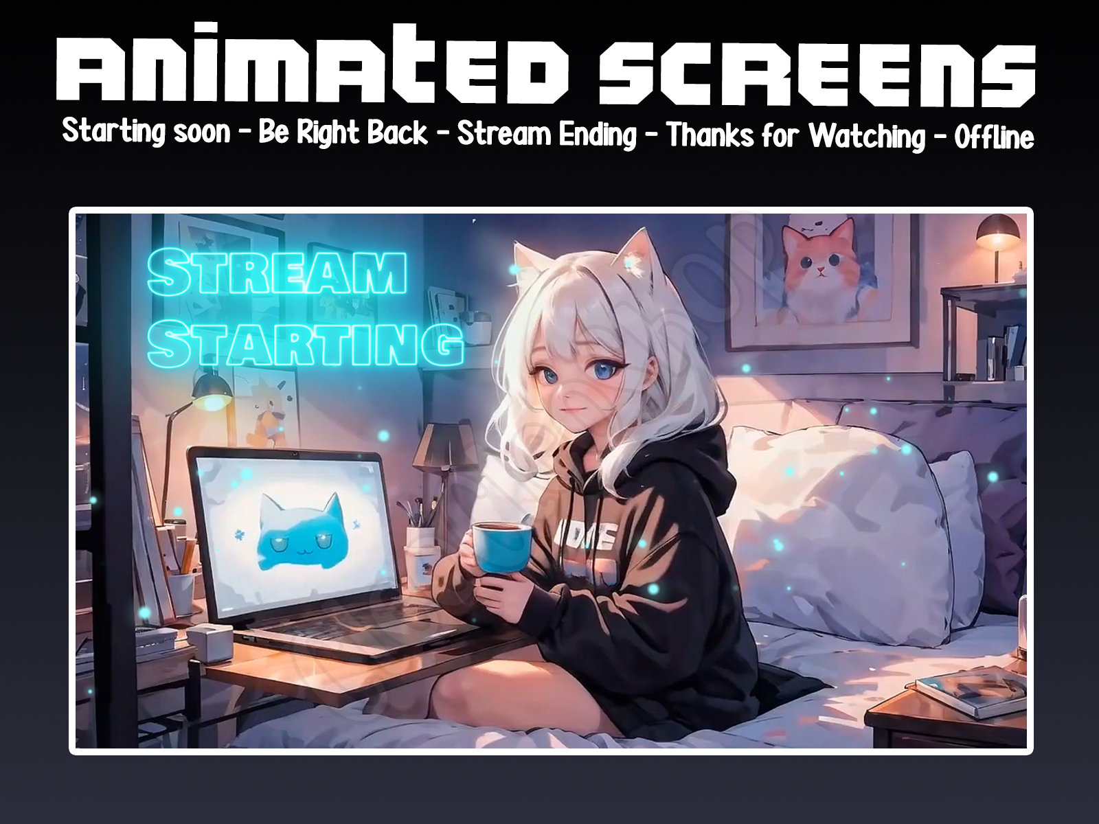 Cute Cat Ears Girl - White Hair Girl Animated Twitch Overlay Stream ...