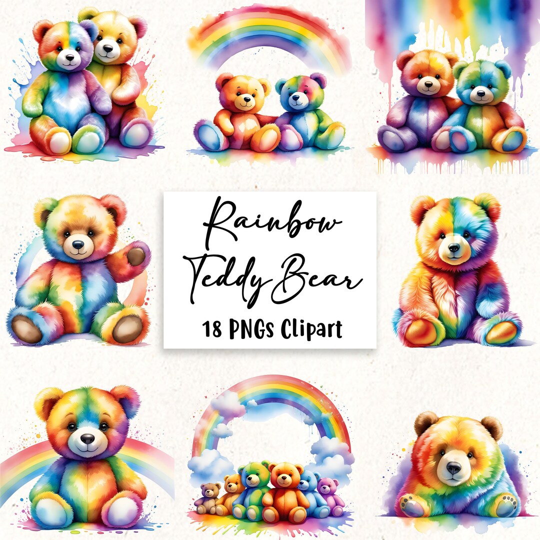 Watercolor Cute Rainbow Teddy Bear Clipart Bundle, 18 High-quality Pngs ...
