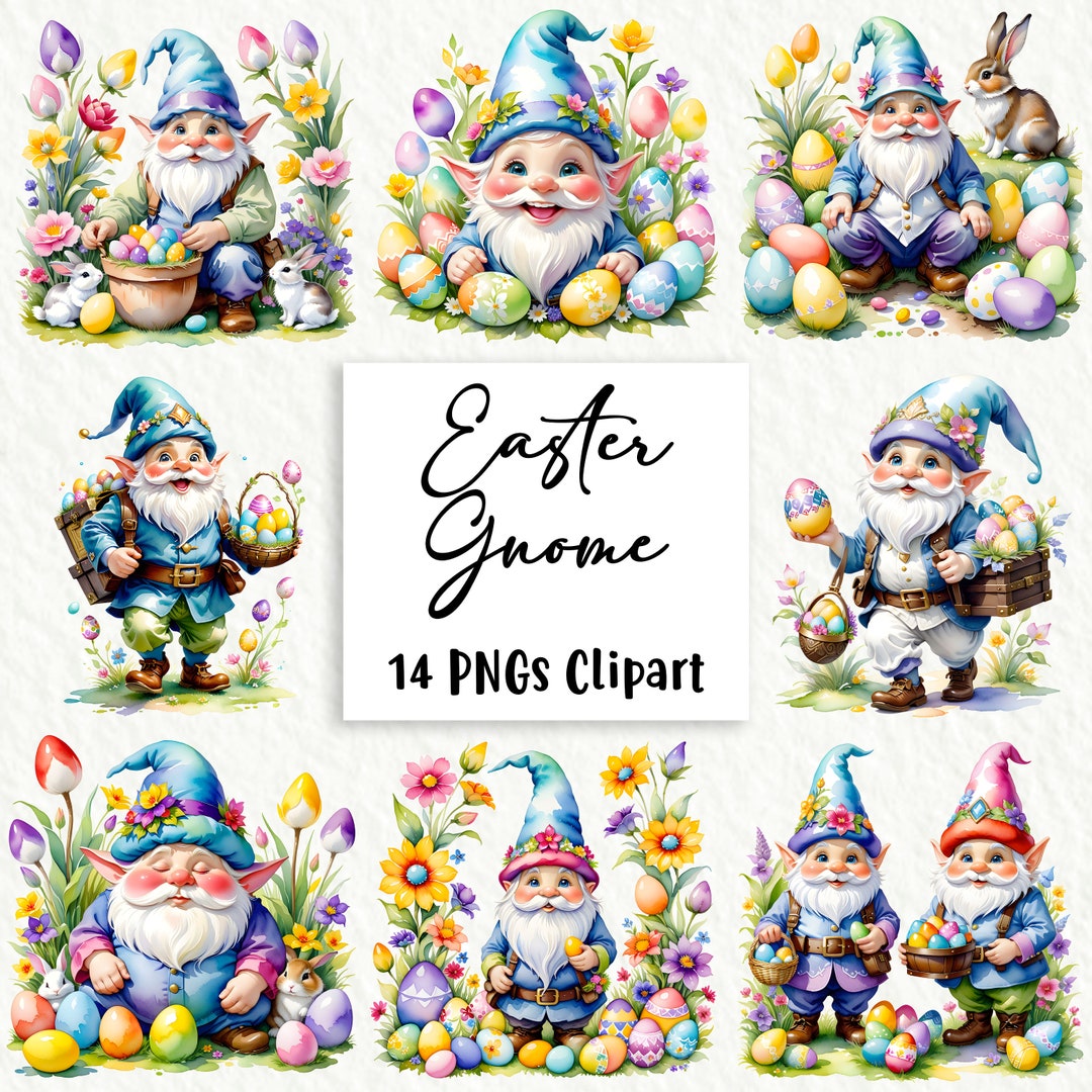 Watercolor Cute Easter Gnome Clipart Bundle, 14 High-quality Pngs, Wall ...