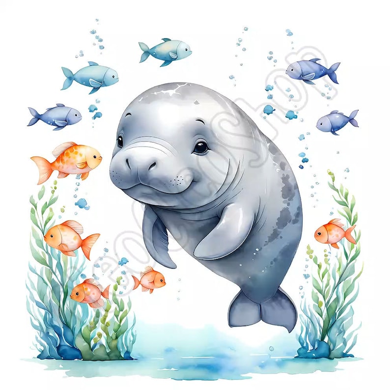 Watercolor Cute Manatee Clipart Bundle, 18 High-quality Pngs, Wall Art ...