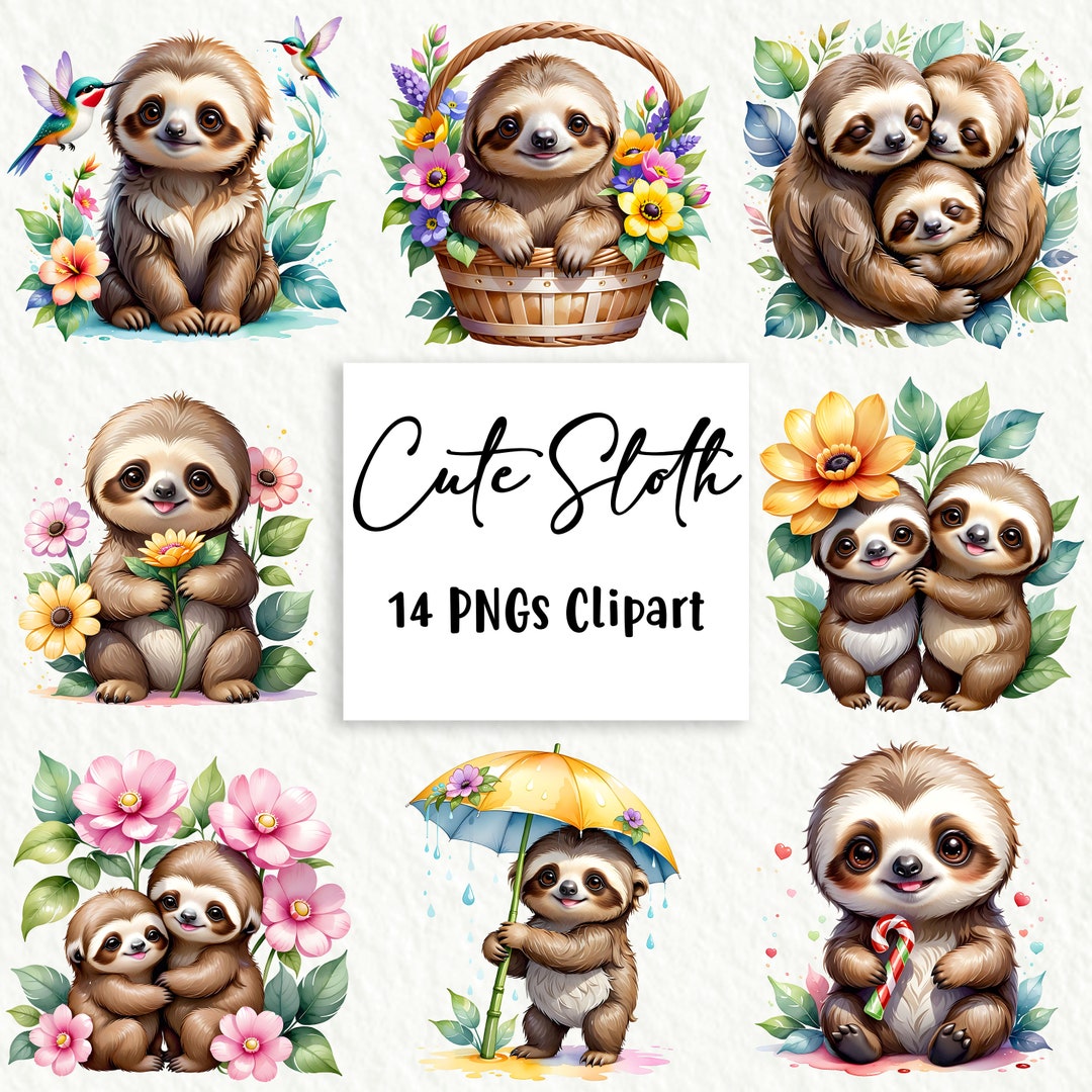 Watercolor Cute Sloth Clipart Bundle, 14 High-quality Pngs, Wall Art ...