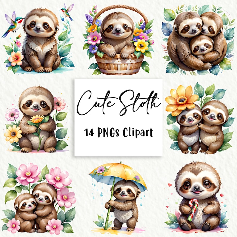 Watercolor Cute Sloth Clipart Bundle, 14 High-quality Pngs, Wall Art ...