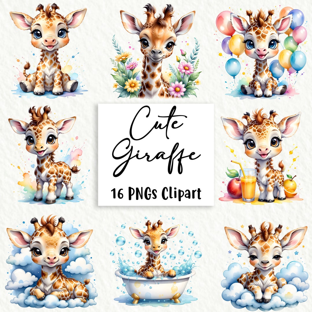 Cute Watercolor Giraffe Clipart Bundle, 16 High-quality Pngs, Nursery ...