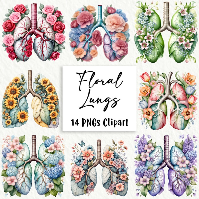 Cute Watercolor Floral Lungs Clipart Bundle, 14 High-quality Pngs, Wall ...