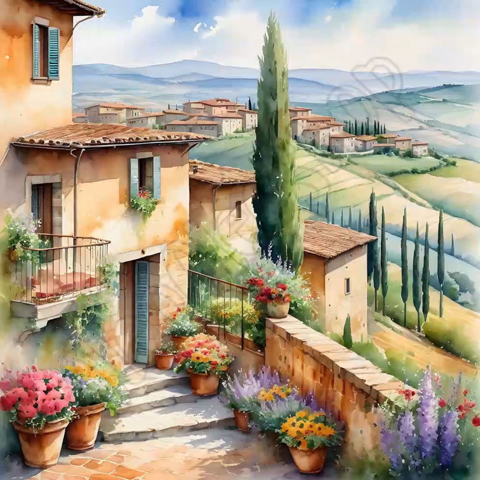 Watercolor Italian Landscape Countryside Clipart Bundle, 18 High ...