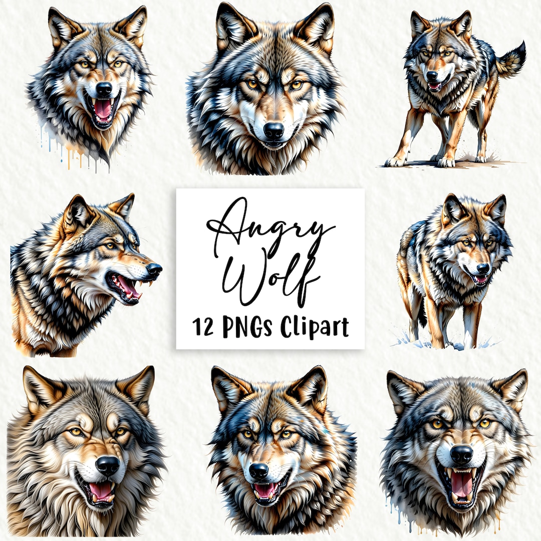 Angry Wolf Clipart Bundle, 12 High-quality Pngs, Wall Art, Paper Craft ...