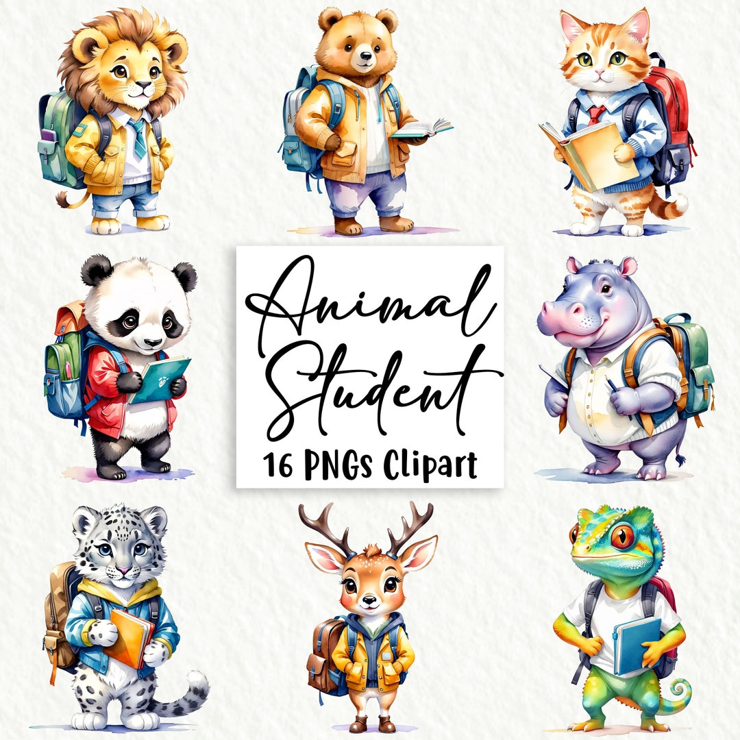 Watercolor Cute Animal Student at School Clipart Bundle, 16 High ...
