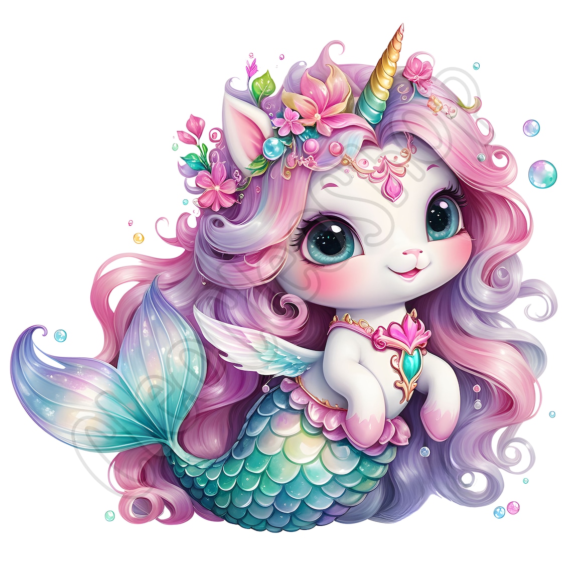 Watercolor Cute Mermaid Unicorn Clipart Bundle, 10 High-quality Pngs ...