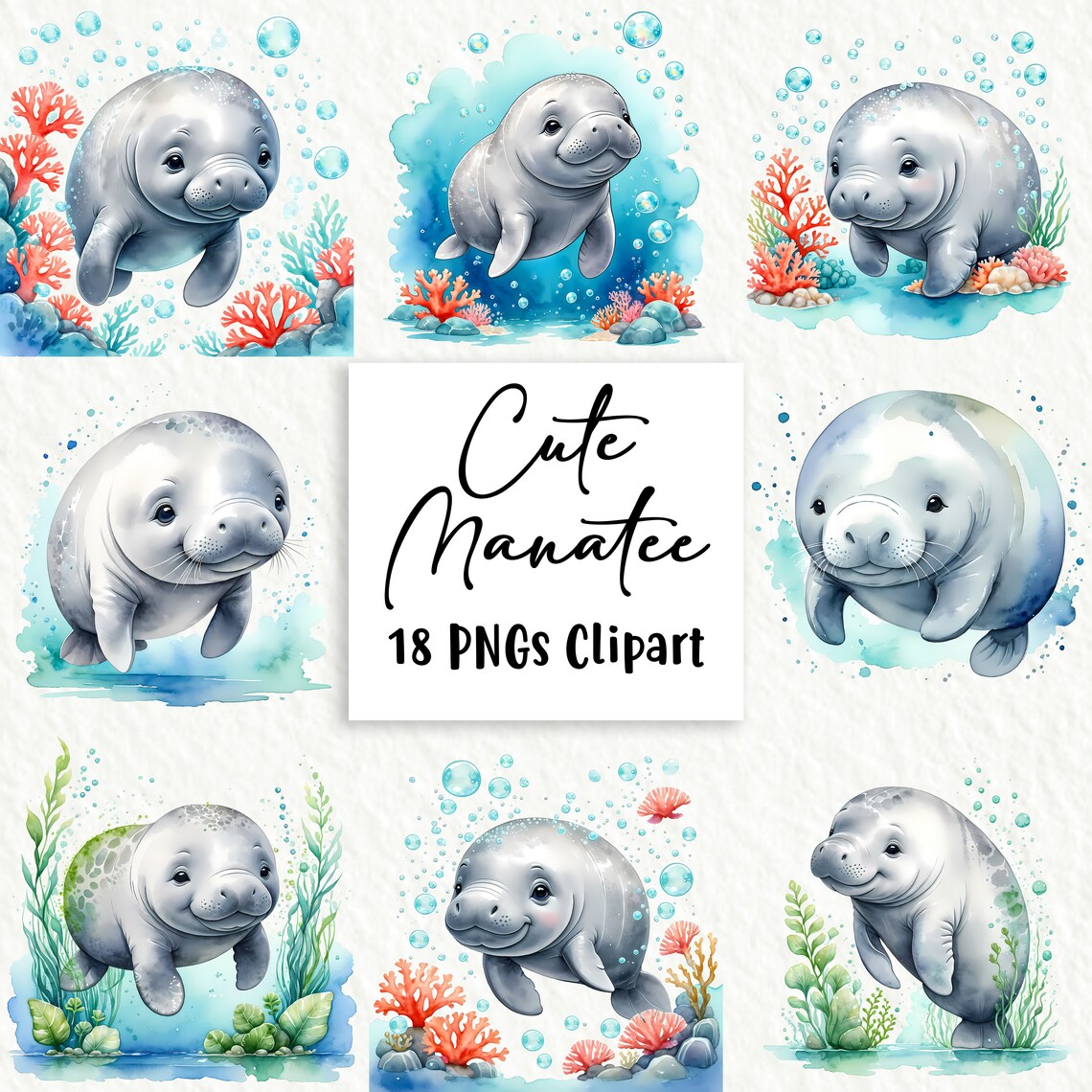 Watercolor Cute Manatee Clipart Bundle, 18 High-quality Pngs, Wall Art ...
