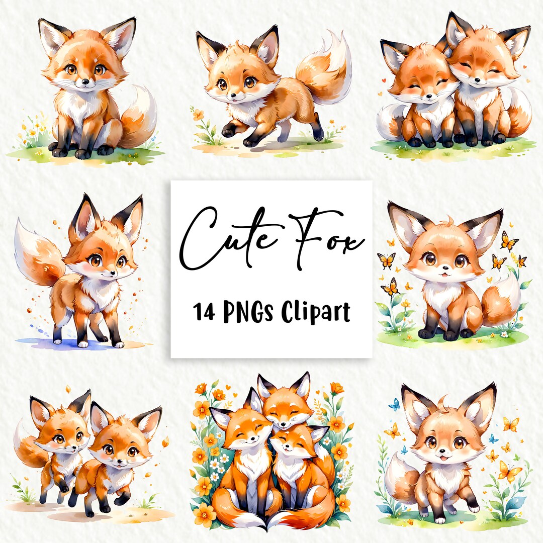 Cute Watercolor Fox Clipart Bundle, 14 High-quality Pngs, Nursery Decor ...