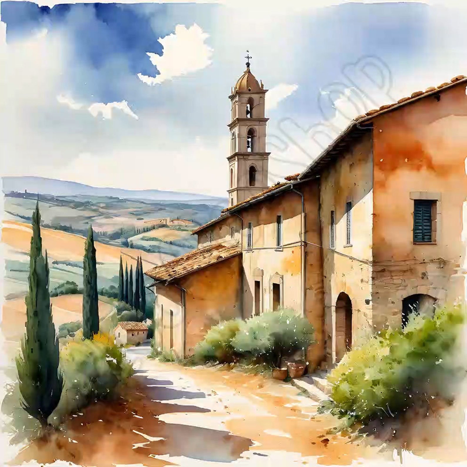 Watercolor Italian Landscape Countryside Clipart Bundle, 18 High ...