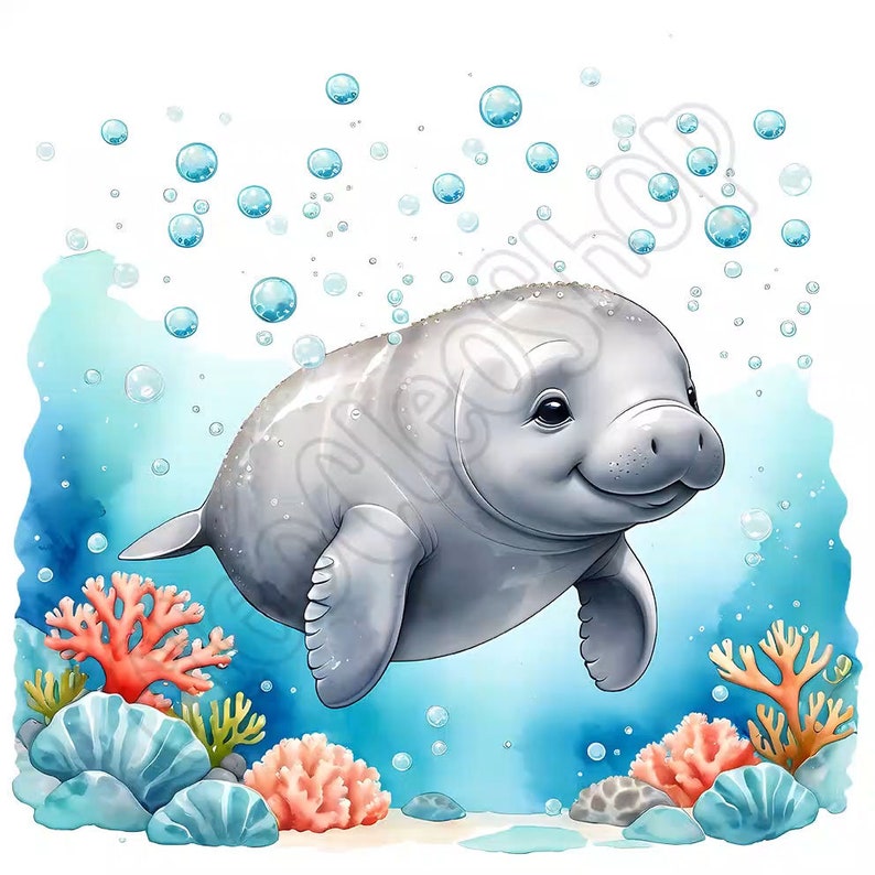 Watercolor Cute Manatee Clipart Bundle, 18 High-quality Pngs, Wall Art ...