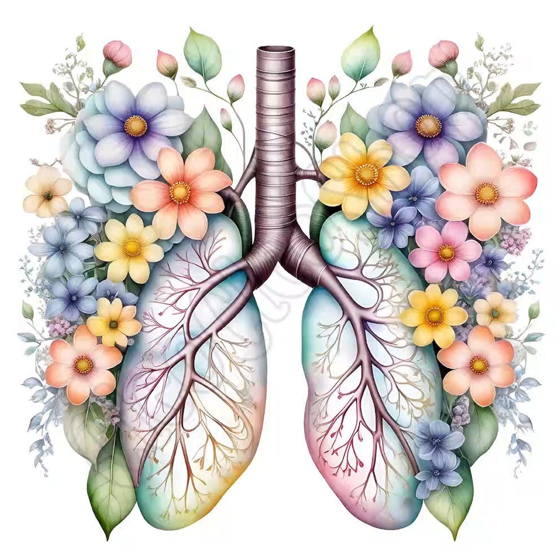 Cute Watercolor Floral Lungs Clipart Bundle, 14 High-quality Pngs, Wall ...