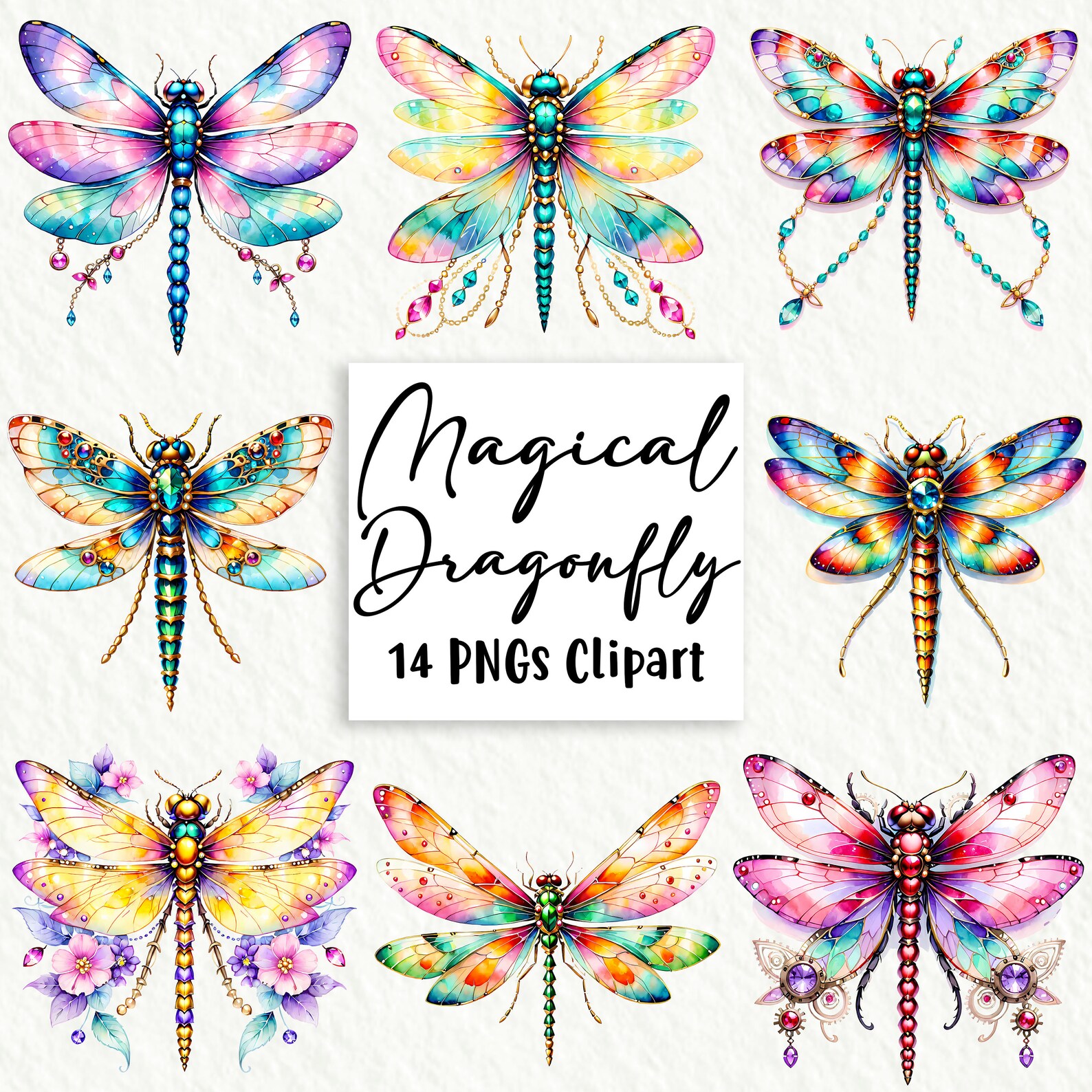 Watercolor Cute Magical Dragonfly - Clipart Bundle, 14 High-quality ...