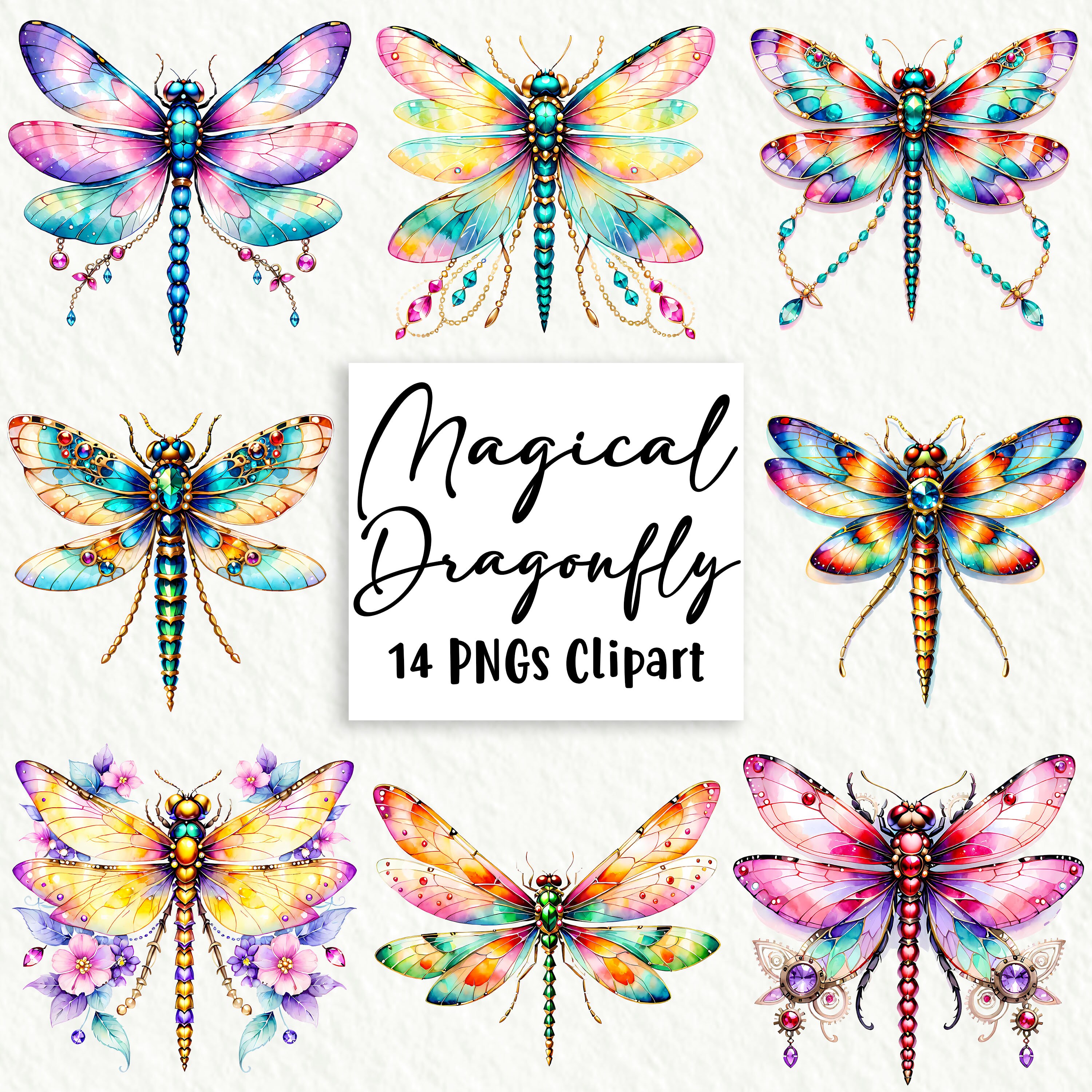 Watercolor Cute Magical Dragonfly - Clipart Bundle, 14 High-quality ...
