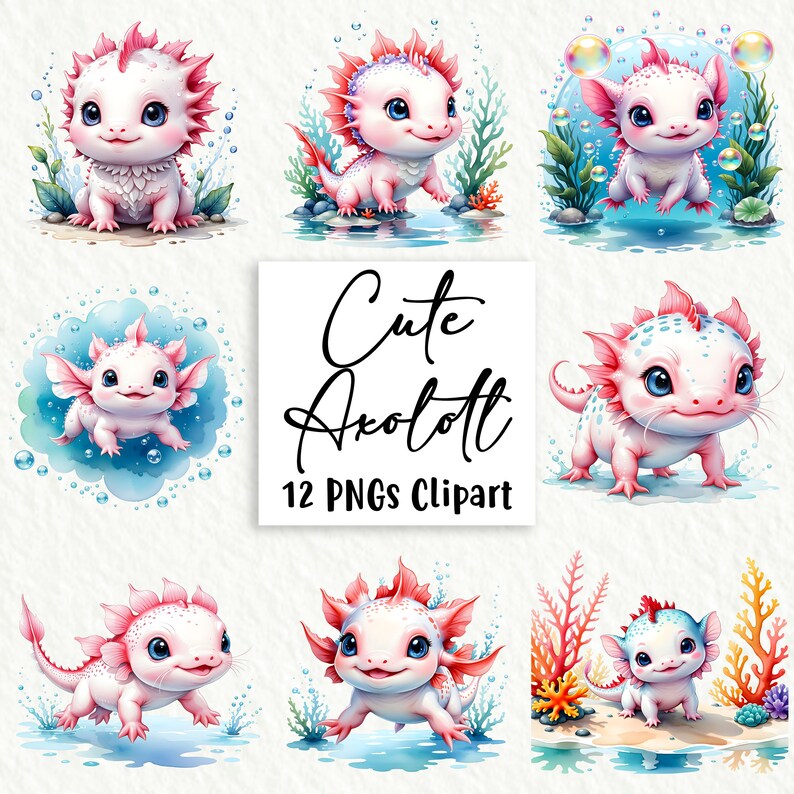 Watercolor Cute Axolotl Clipart Bundle, 12 High-quality Pngs, Wall Art ...