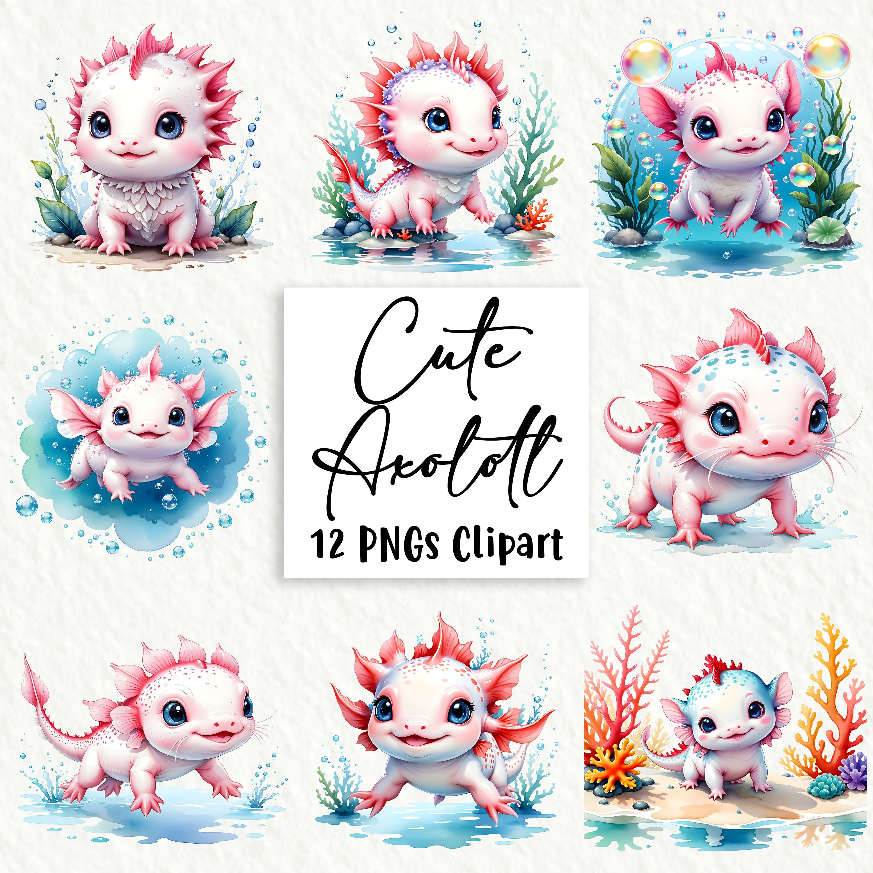 Watercolor Cute Axolotl Clipart Bundle, 12 High-quality Pngs, Wall Art ...