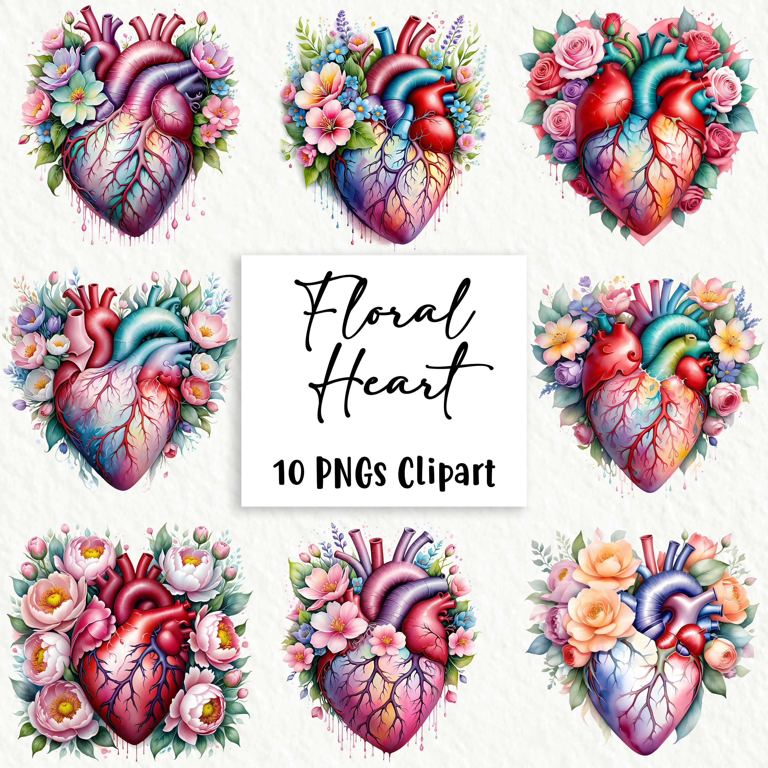 Cute Watercolor Floral Heart Clipart Bundle, 10 High-quality Pngs, Wall ...