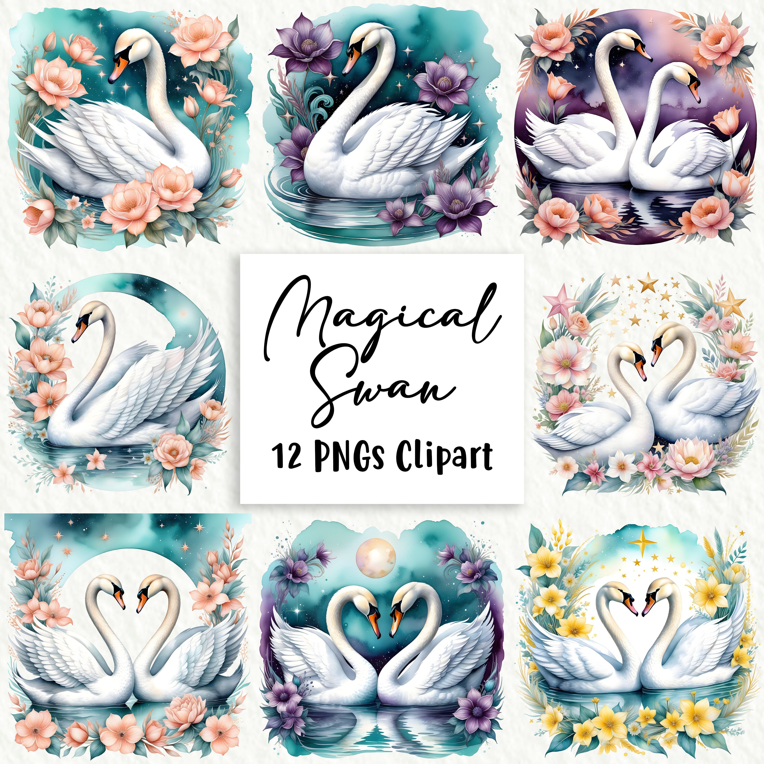 Magical Swan Clipart Bundle, 12 High-quality Pngs, Wall Art, Paper ...