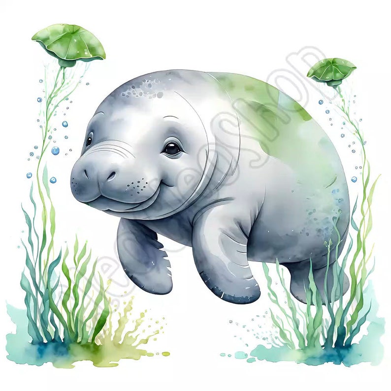 Watercolor Cute Manatee Clipart Bundle, 18 High-quality Pngs, Wall Art ...