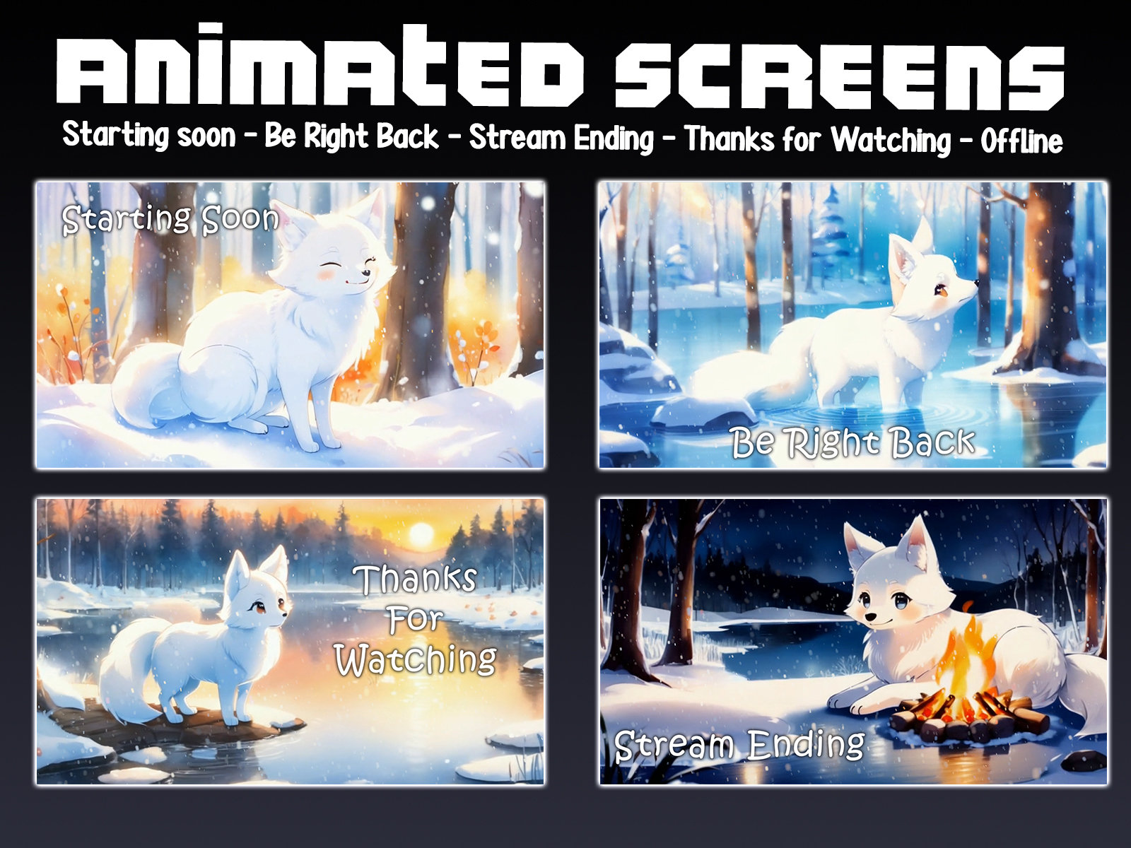 Cute White Arctic Fox Animated Snowing Twitch Stream 5 Screens and 2 ...