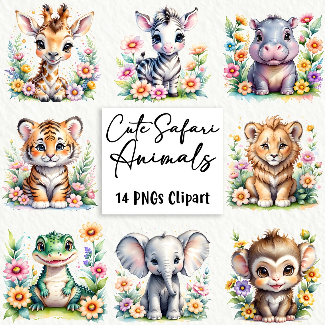 Cute Watercolor Safari Clipart Bundle, 10 High-quality Pngs, Nursery ...