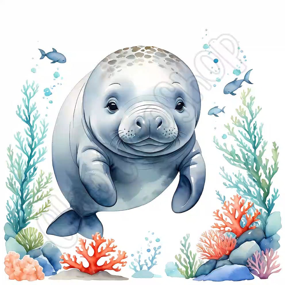 Watercolor Cute Manatee Clipart Bundle, 18 High-quality Pngs, Wall Art ...