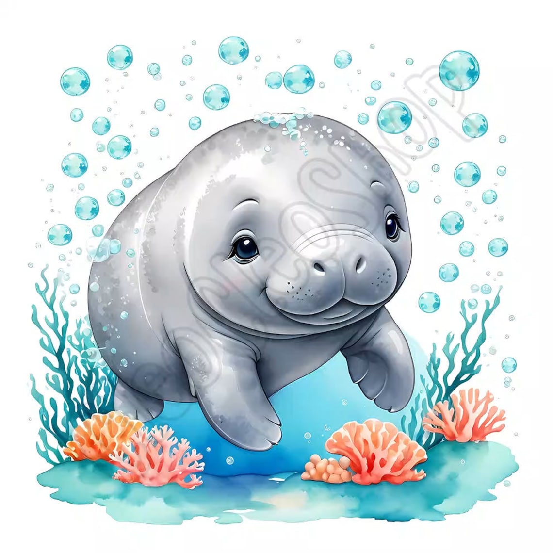 Watercolor Cute Manatee Clipart Bundle, 18 High-quality Pngs, Wall Art ...