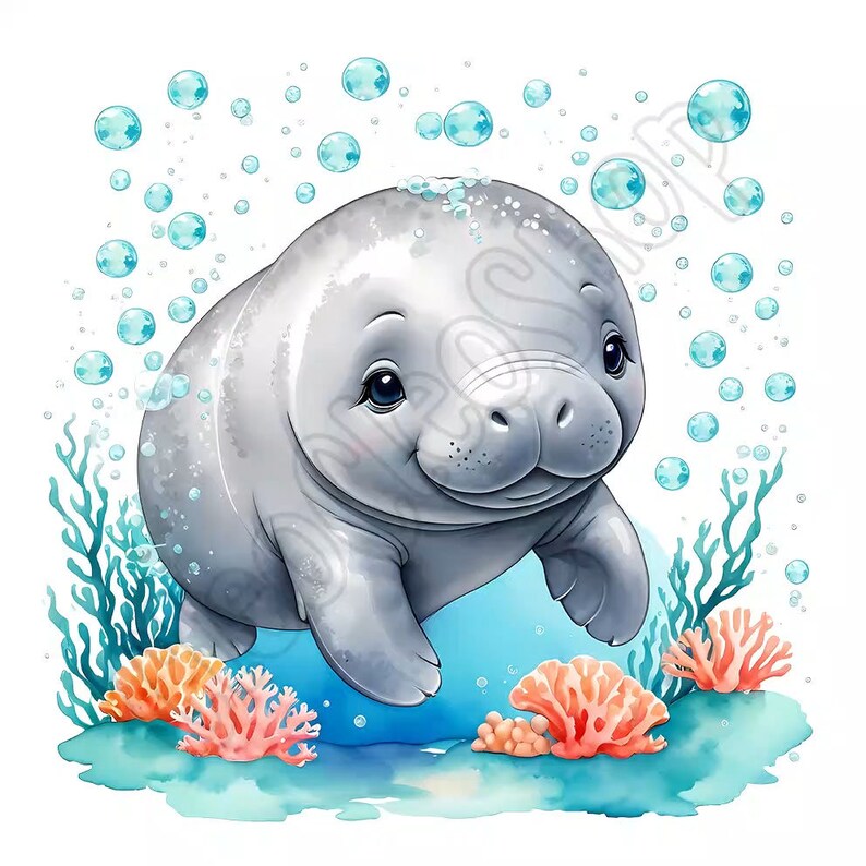 Watercolor Cute Manatee Clipart Bundle, 18 High-quality Pngs, Wall Art ...