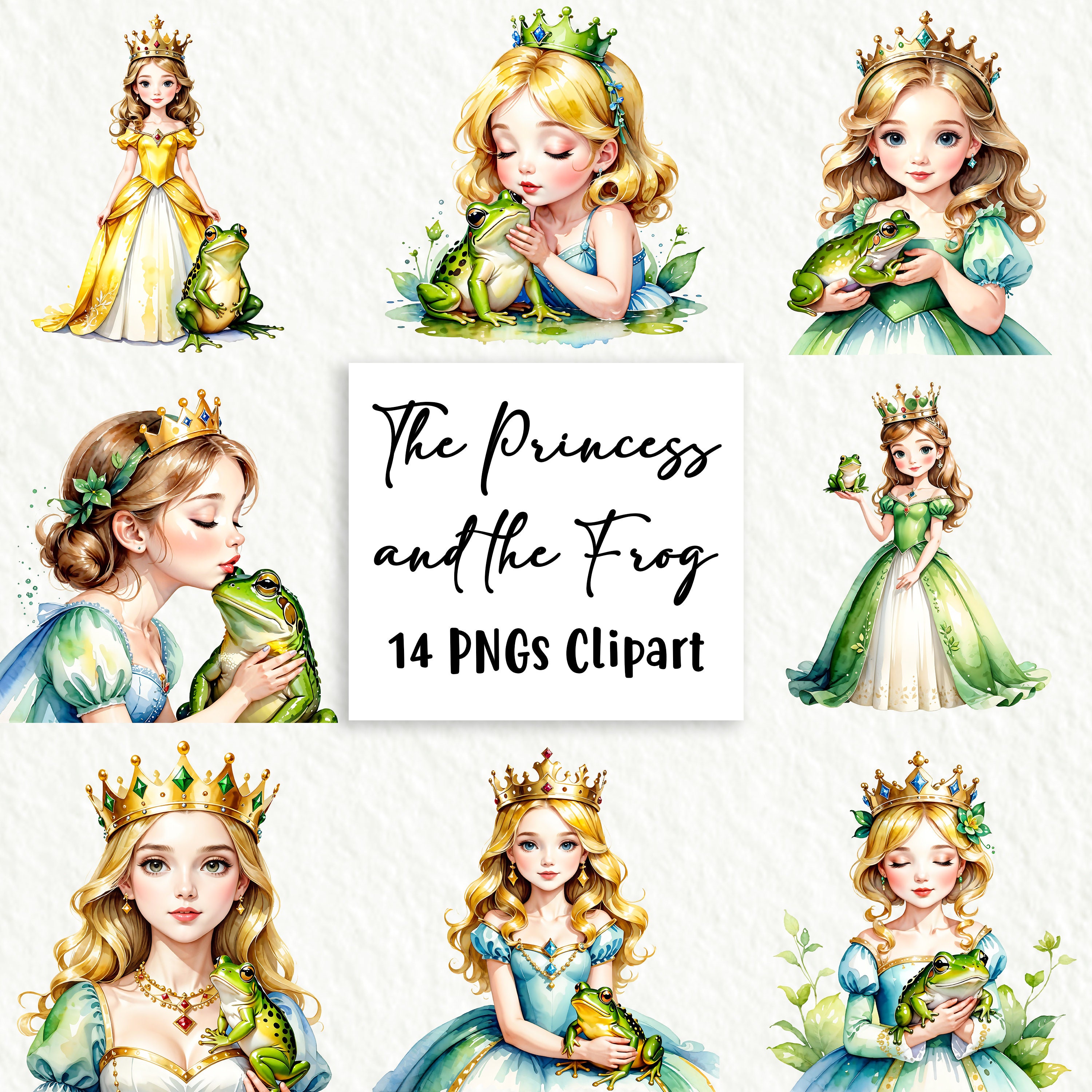 Watercolor Cute Princess and the Frog - Clipart Bundle, 14 High-quality ...