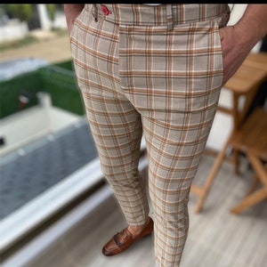 Men's Fashion Plaid Pants beige & Copper - Etsy