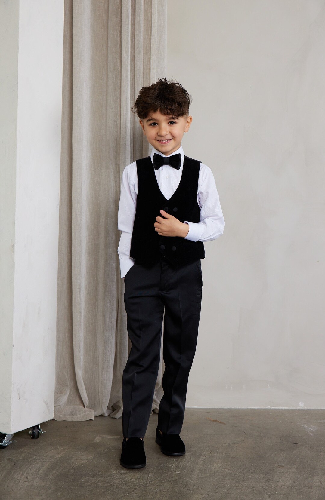 Boy's 4-pieces Slim Fit Velvet Black Vest and Pants Set slim Fit Vest ...