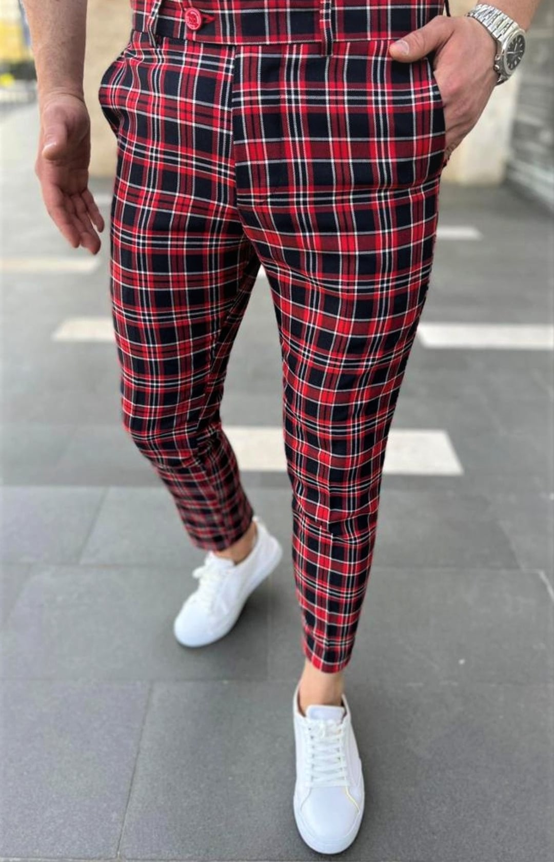 Men's Fashion Plaid Pants Red and Black - Etsy
