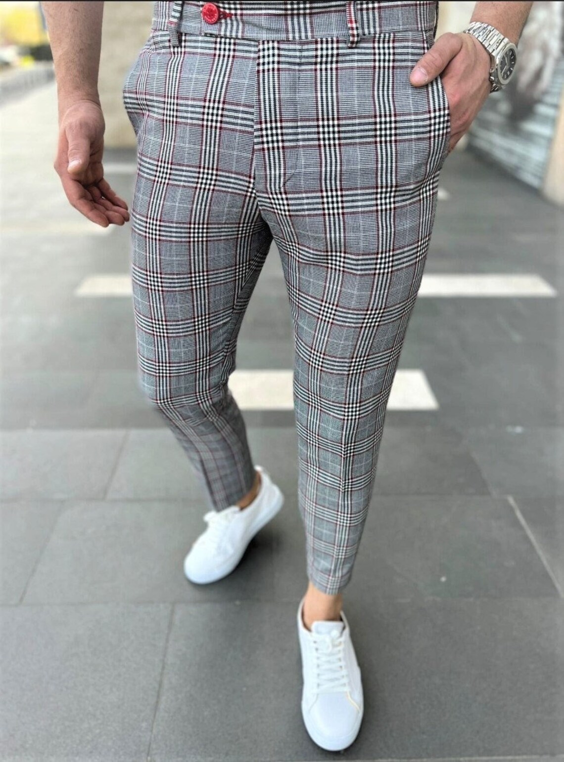 Men's Fashion Plaid Pants Grey & Burgundy - Etsy