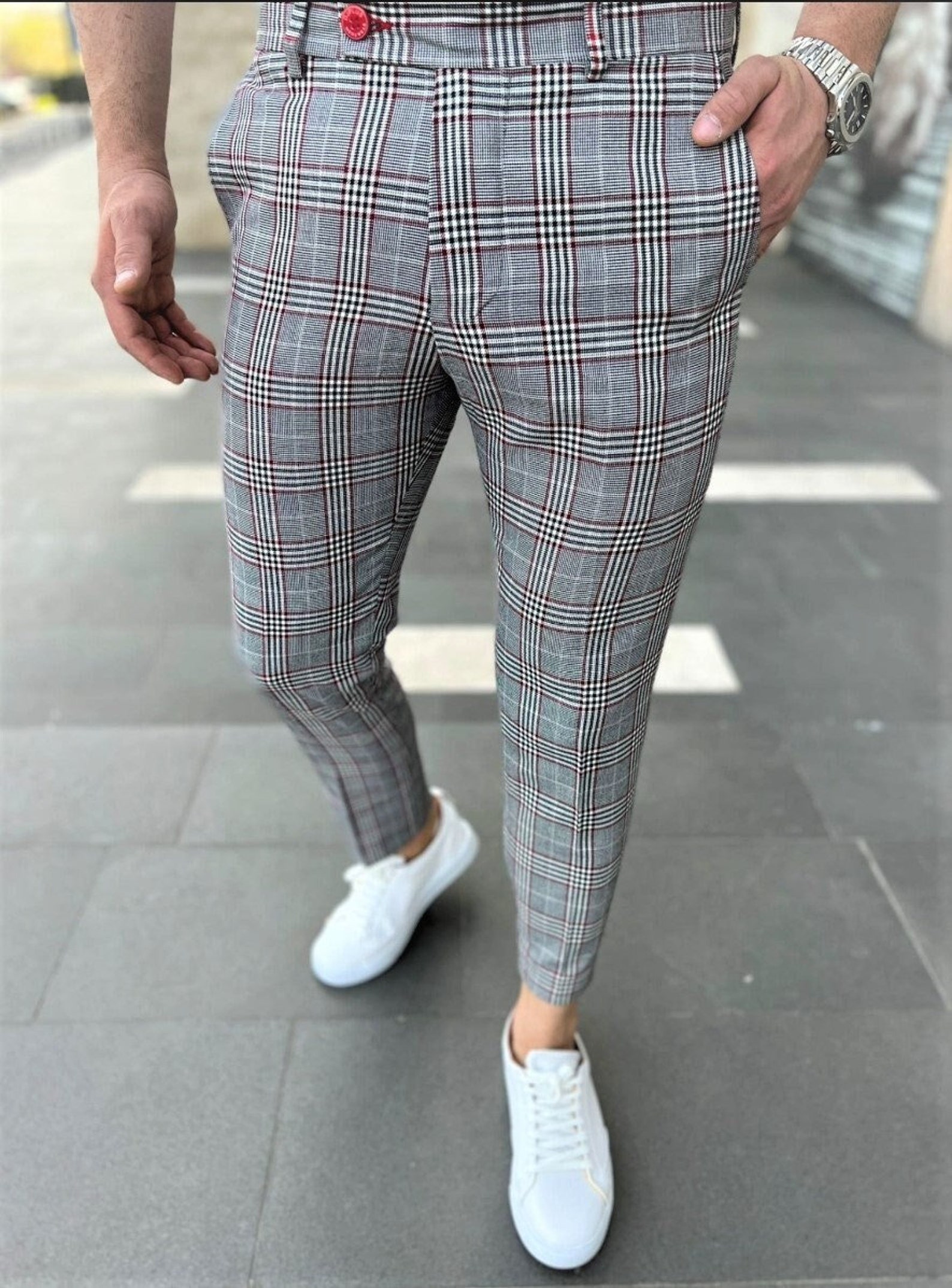 Men's Fashion Plaid Pants Grey & Burgundy - Etsy
