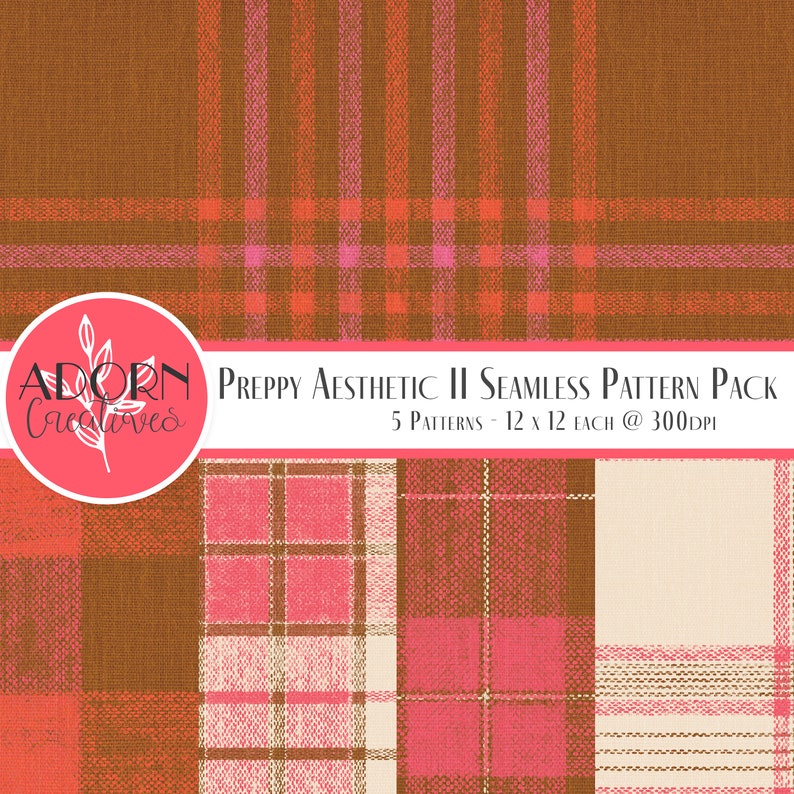 Preppy Aesthetic Plaid Pattern, Pink and Brown Seamless Pattern Bundle ...