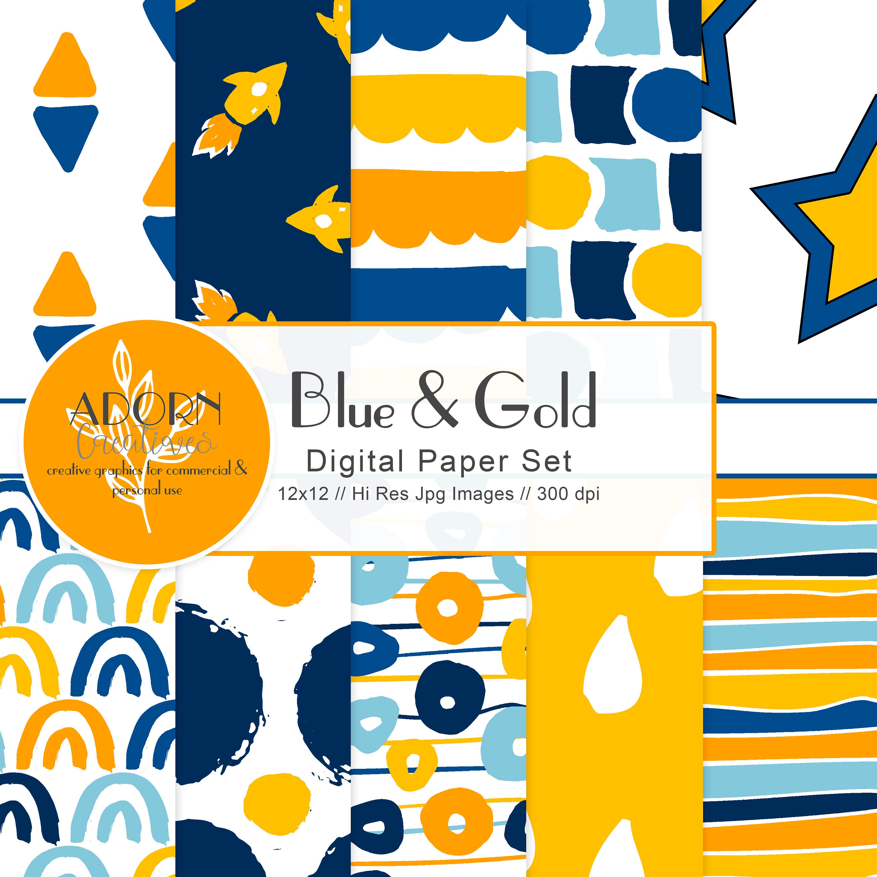 Doodle Digital Paper Set Scrapbook Paper Pack Blue and Gold Crafts ...