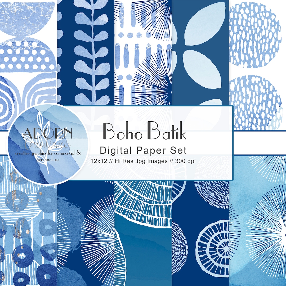 Indigo Blue Watercolor Paper Set - Digital Scrapbook Paper Pack - Tie ...