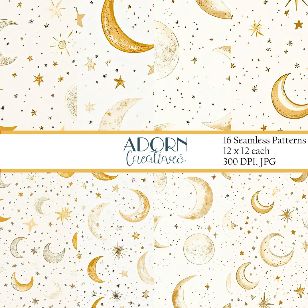 Moon and Stars Digital Paper Set - Celestial Bodies Seamless Patterns ...