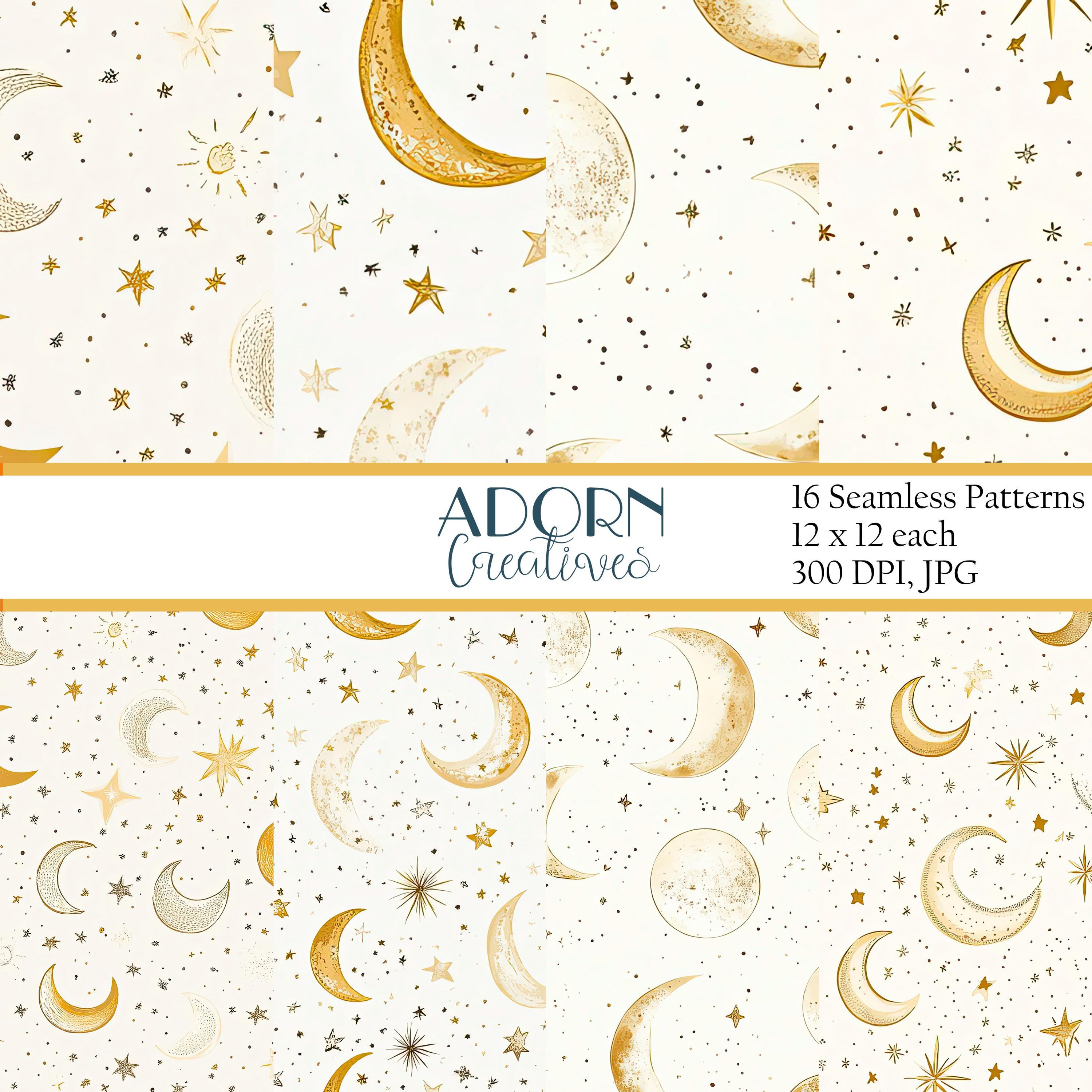 Moon and Stars Digital Paper Set - Celestial Bodies Seamless Patterns ...