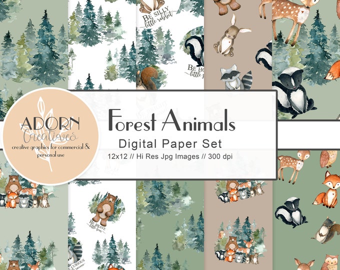 Forest Animal Digital Paper, Forest Animals Scrapbook Paper Commercial ...