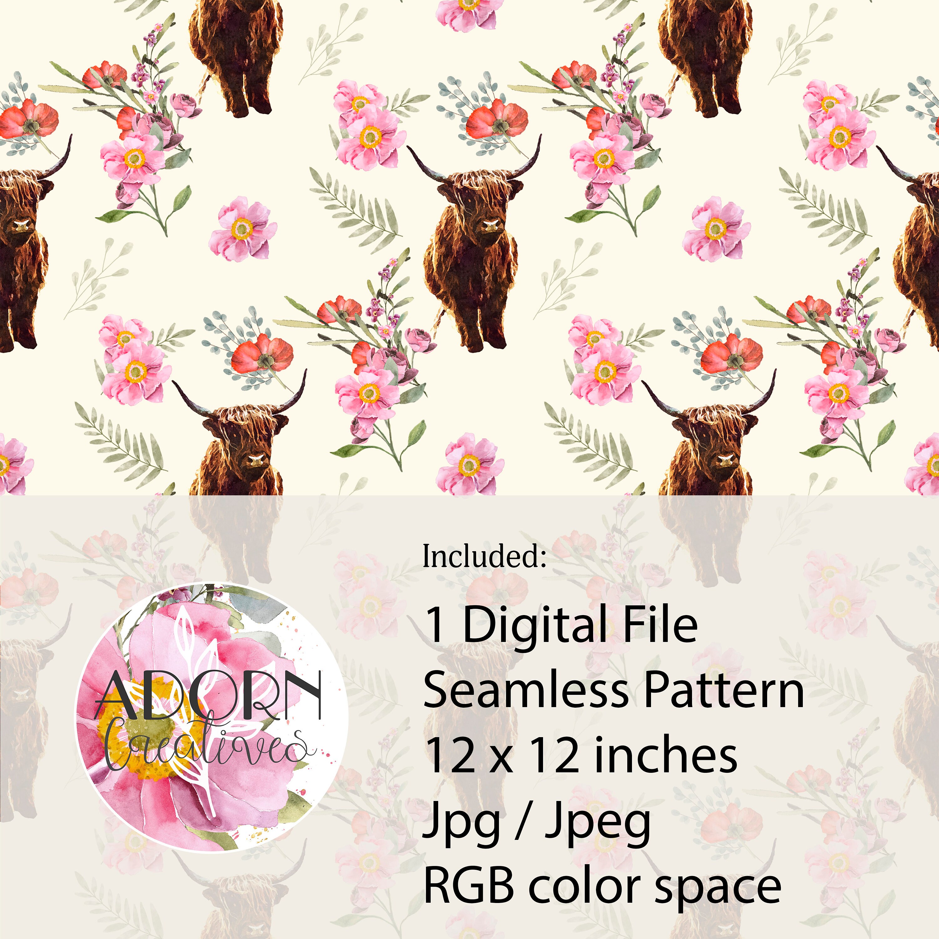 Seamless Cow Pattern Highland Cow, Watercolor Floral Repeat Pattern for ...