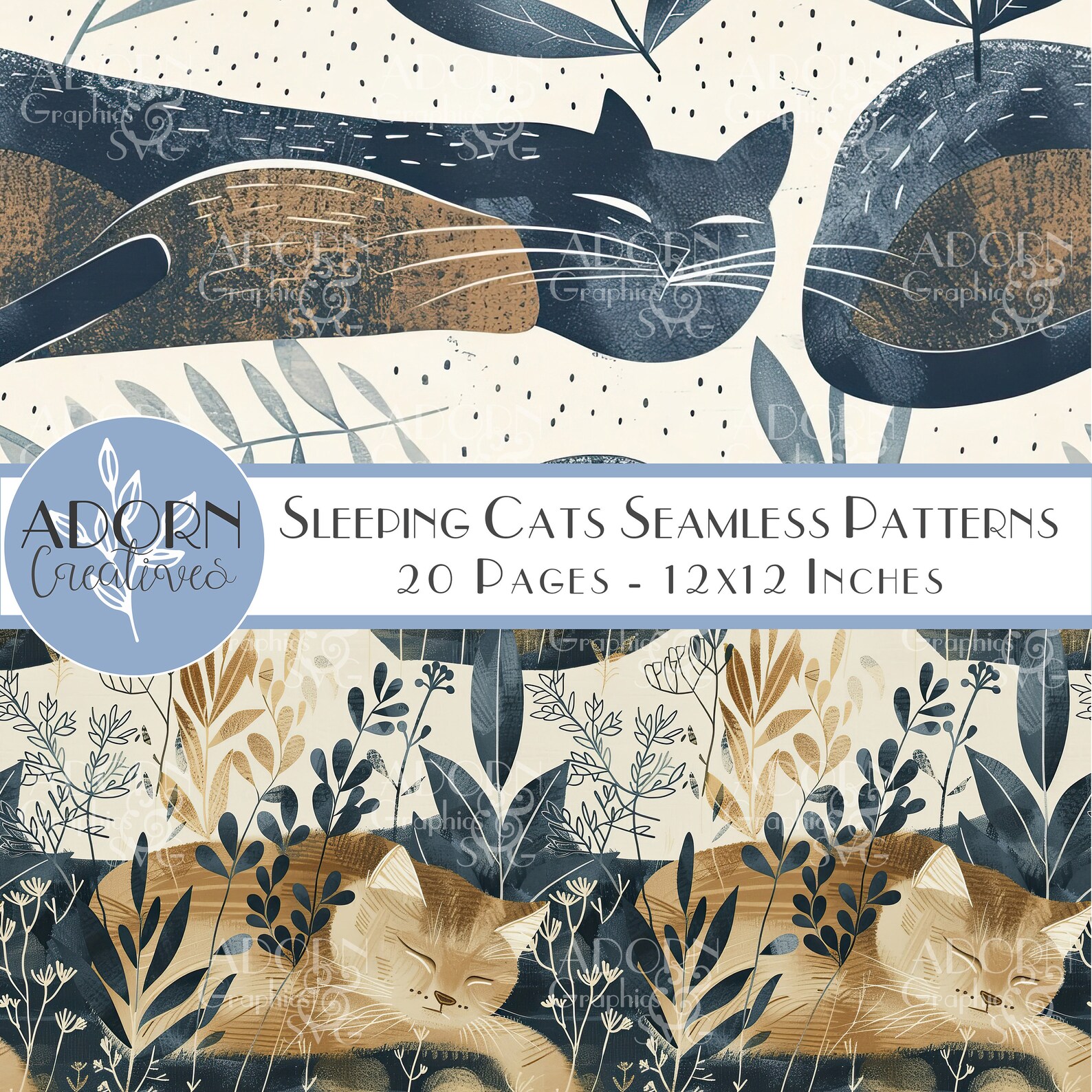 Cat Digital Paper Pack - Cat Seamless Patterns - Sleeping Cats - Kitty ...