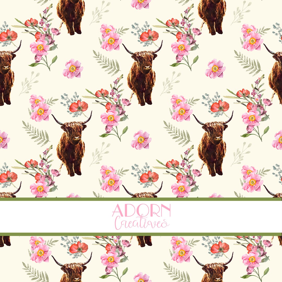 Seamless Cow Pattern Highland Cow, Watercolor Floral Repeat Pattern for ...