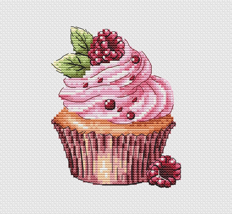 Raspberry Cupcake Cross Stitch Pattern – Summer Sweets Embroidery (PDF ...