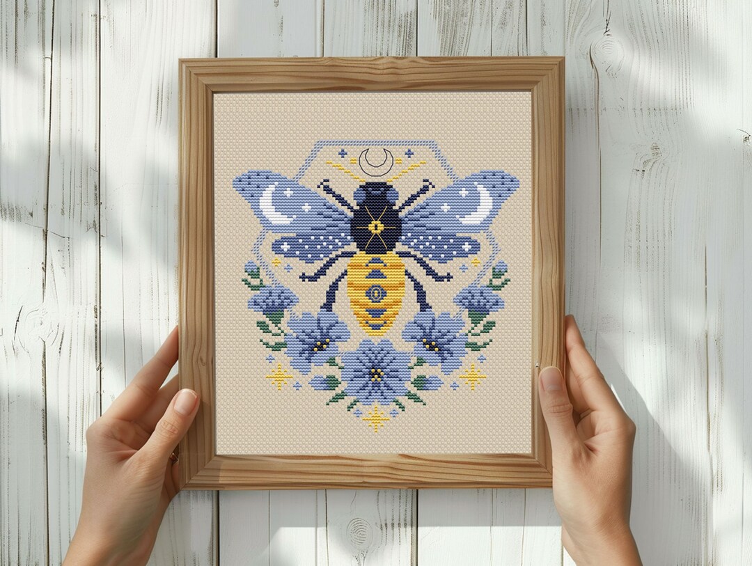 Blue Flowers Cross Stitch Pattern Bee Counted Cross Stitch Tutorial Easy Embroidery Design ...